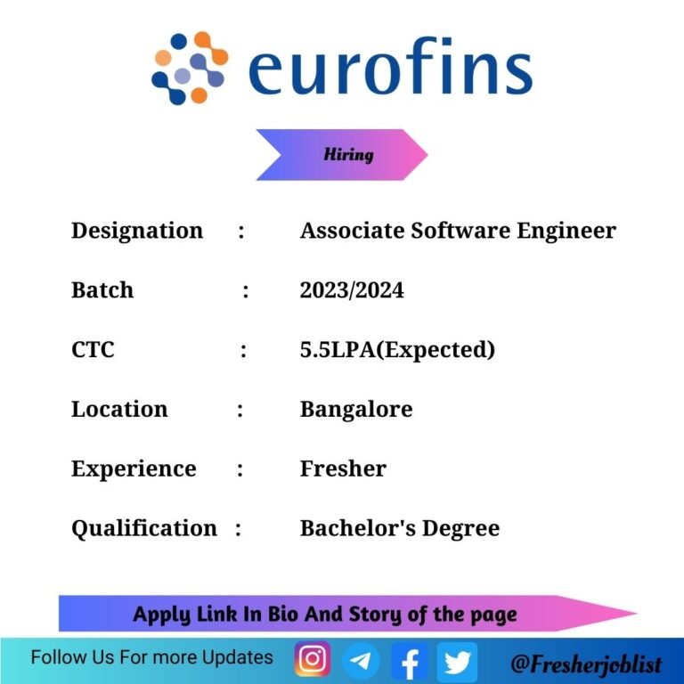 Eurofins Off-campus Drive 2024 hiring Associate Software Engineer | BE/B-Tech - Fresher Job List