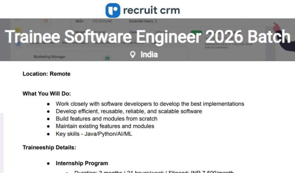 Recruit CRM Remote job 2025 hiring Trainee Software Engineer | INR 900000 Per Annum - Fresher ...