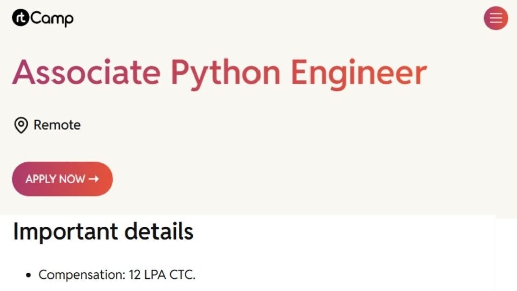 rtCamp Work From Home Job 2026 hiring Associate Python Engineer | BE/B-Tech - Fresher Job List